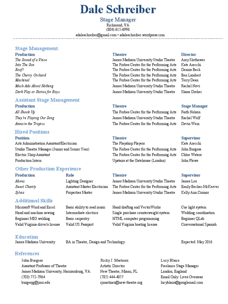 Stage Management Resume of Dale Schreiber | PDF