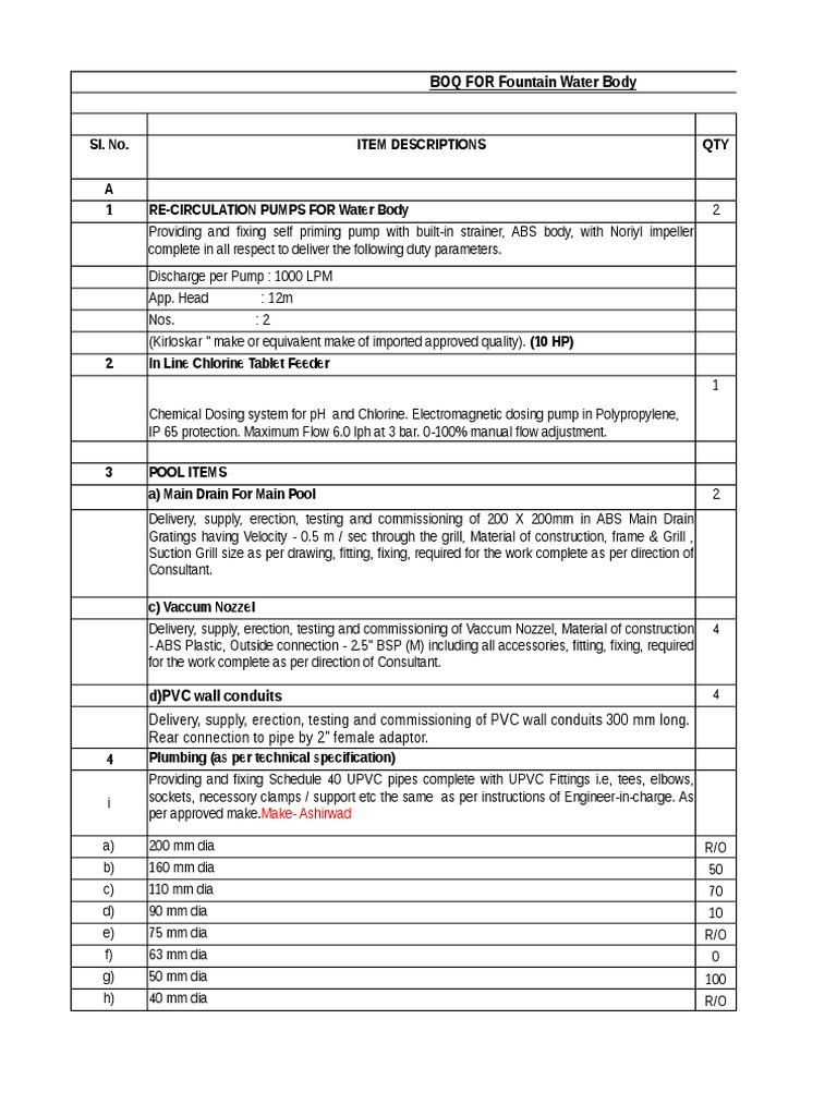 BOQ Fountain Water Body (1) .XLSXB | PDF | Fuse (Electrical) | Pipe ...