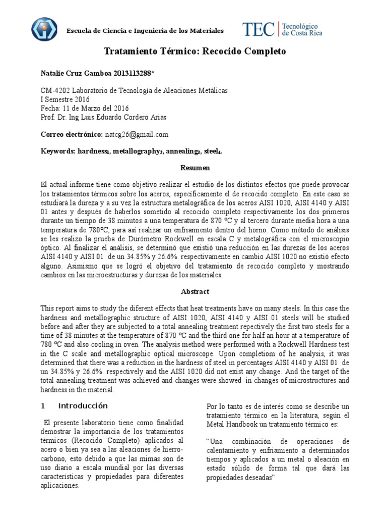 Tratamiento Termico Recocido Completo | PDF | Tratamiento a base de calor | Procesos industriales