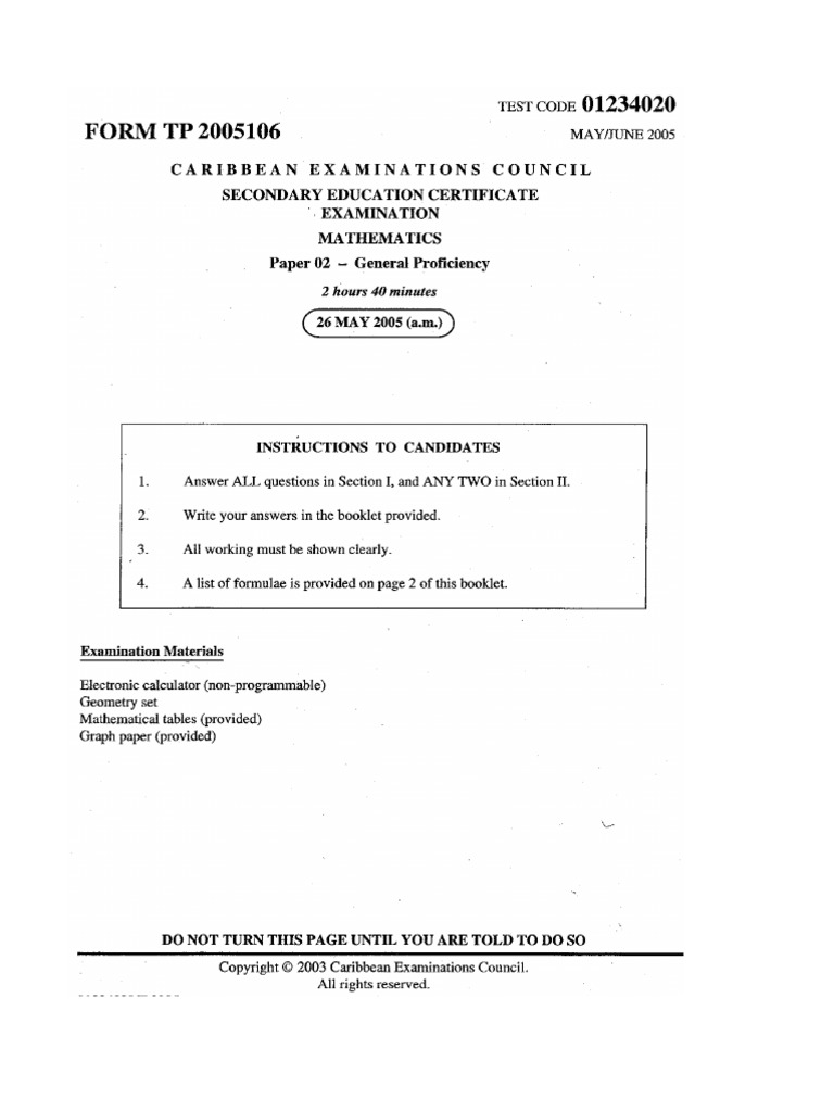 CXC Mathematics Paper 2 May 2005 | PDF