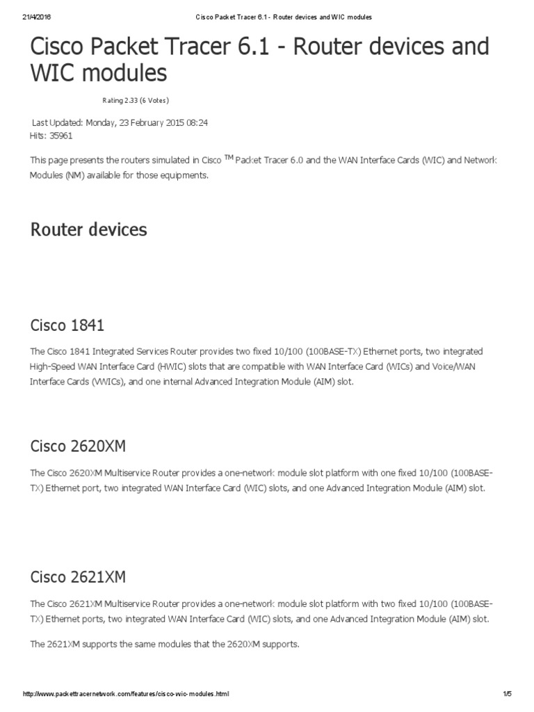 Cisco Packet Tracer 6.1 Router & WIC Guide | PDF | Computer Network ...