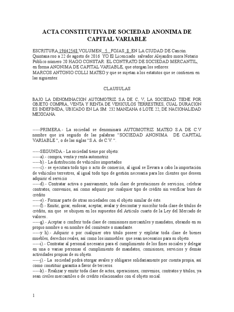 Acta Constitutiva | PDF | Liquidación | Compartir (Finanzas)