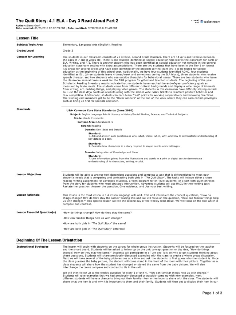 Ela - The Quilt Story Lesson Plan | PDF | Semiotics | Human Communication