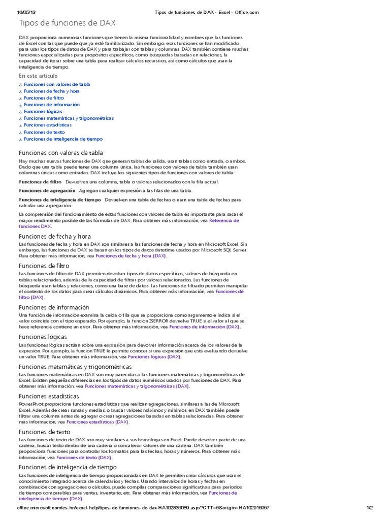 Tipos de Funciones de DAX - Excel - Office | PDF | Tabla (base de datos ...