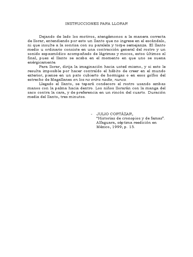 Instrucciones para Llorar, de Historias de Cronopios y de Famas Por Julio Cortázar PDF | PDF