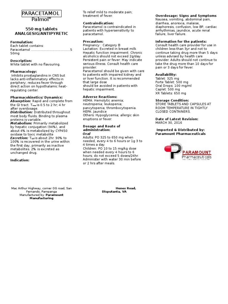 Paracetamol Palmol: 550 MG Tablets Analgesig/Antipyretic | PDF ...
