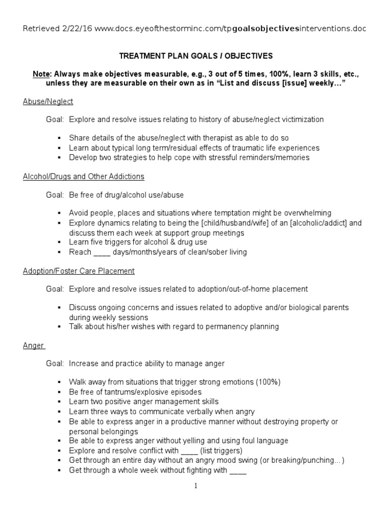 Treatment Plan Goals and Objectives Guide | PDF | Anger | Psychological ...