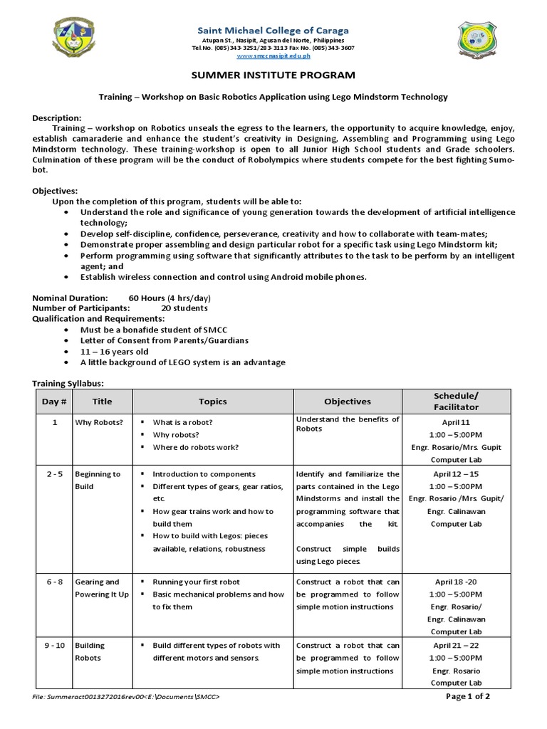 Summer Institute Program: Saint Michael College of Caraga | PDF ...