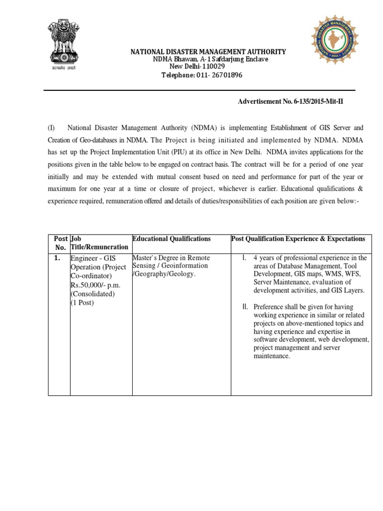 GIS Job Openings at NDMA Haryana | PDF | Geographic Information System ...