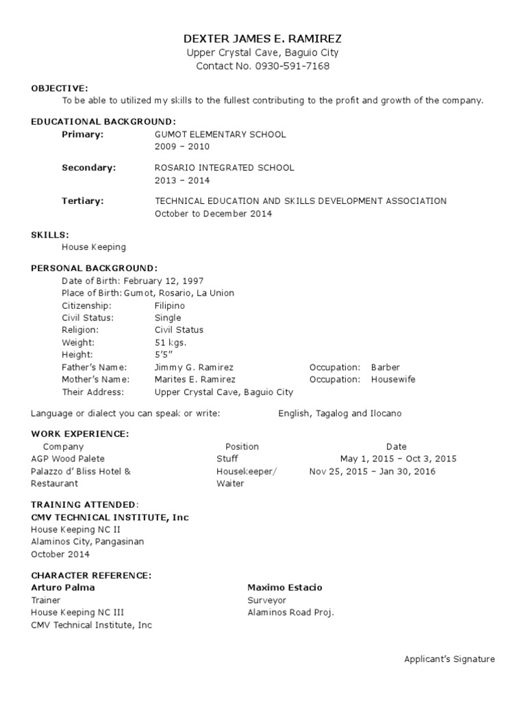 Baguio City Housekeeping Resume | PDF | Wellness