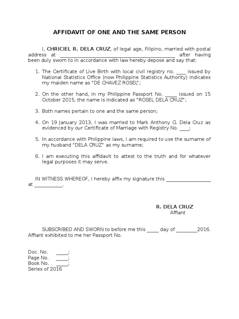 Affidavit of One and The Same Person | PDF