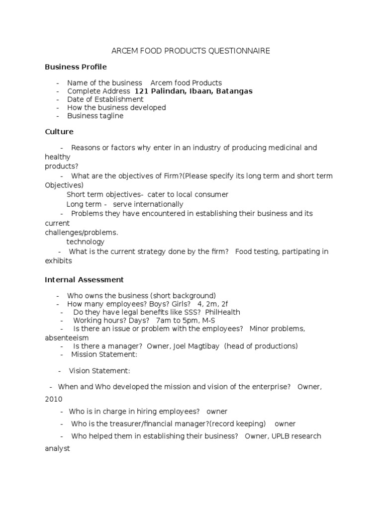 Arcem Food Group Questionnaire | PDF | Supply Chain | Business