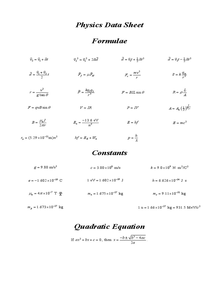 Physics Data Sheet Formulae: V V Ad | PDF