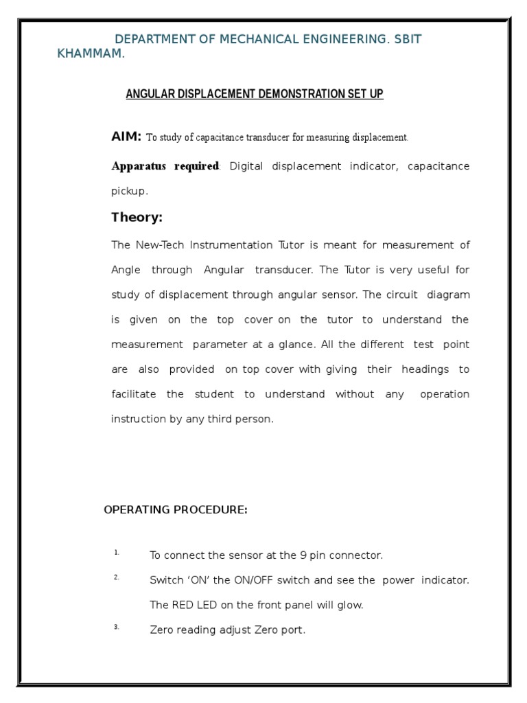 Angular Displacement Demonstration Set Up: Department of Mechanical ...