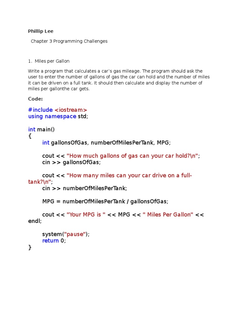Chapter 3 Programming Challenges Code | PDF | Fuel Economy In ...
