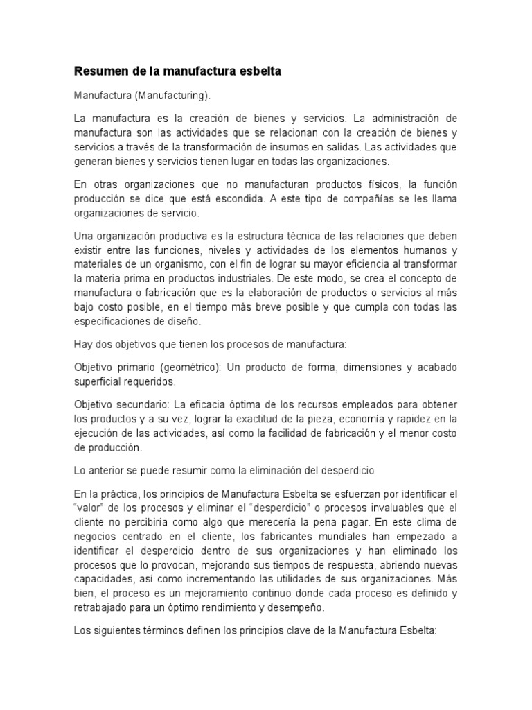 Resumen de La Manufactura Esbelta | Descargar gratis PDF | Lean Manufacturing | Producción y ...