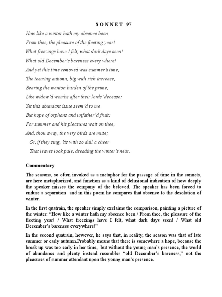Sonnet 97 by Shakespeare | PDF | English Poetry | British Poems