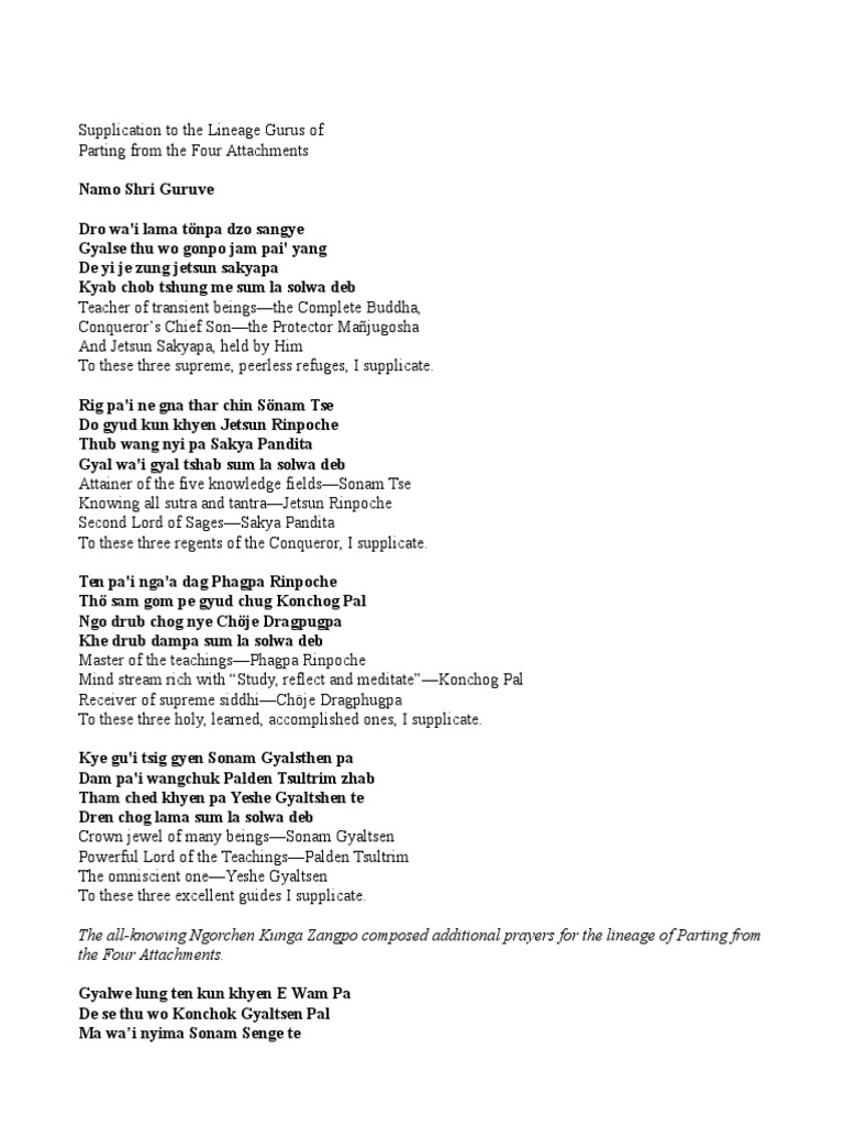 Lineage Prayer For Parting From The Four Attachments | PDF | Mahayana ...