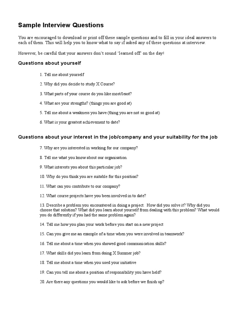 Sample Interview Questions | PDF | Interview | Cognition