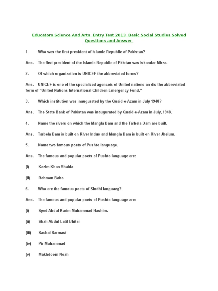 Educators Science and Arts Entry Test 2013 Basic Social Studies Solved ...