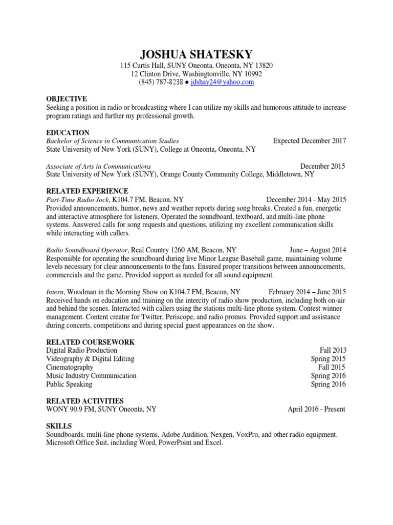 Radio Broadcasting Resume of Joshua Shatesky | PDF | Social Science