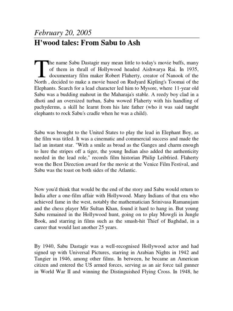 Sabu Dastagir: Hollywood's First Indian Star | PDF | Cinema | Leisure