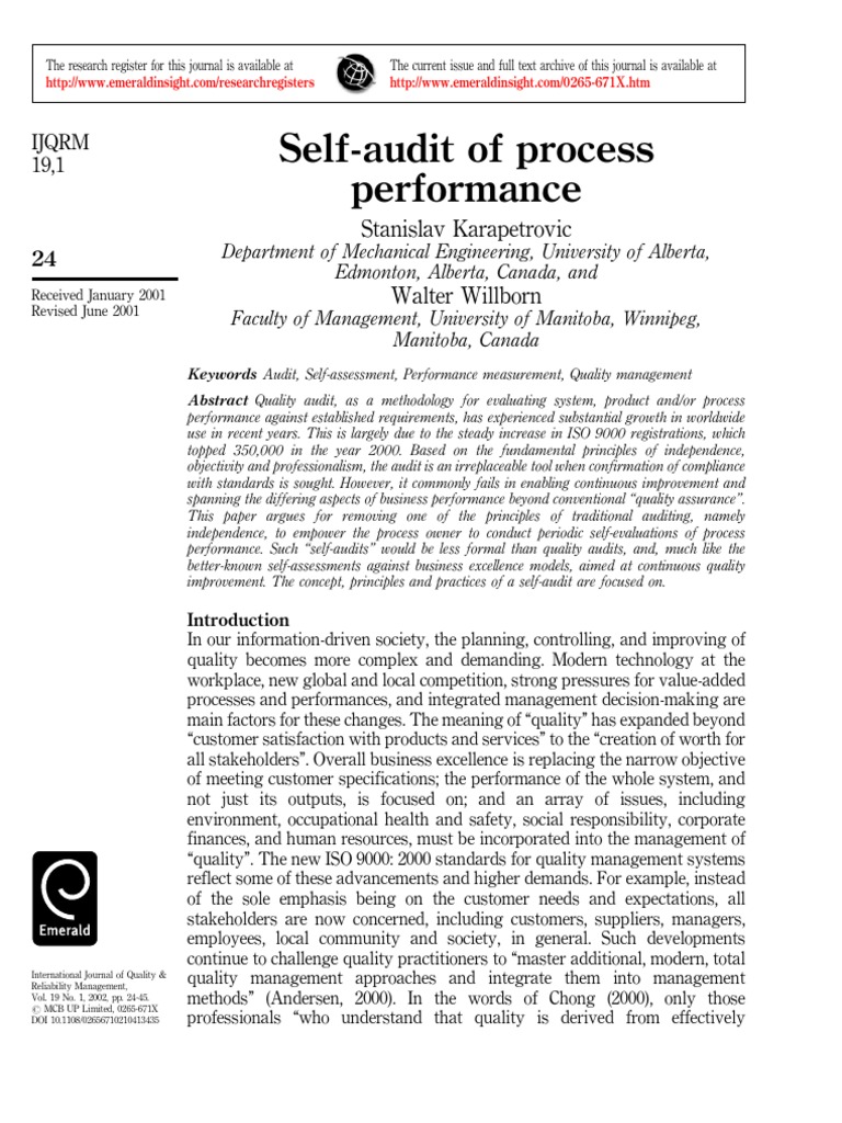 Self-Auditing Process Performance: Evaluating a Process Using Self ...