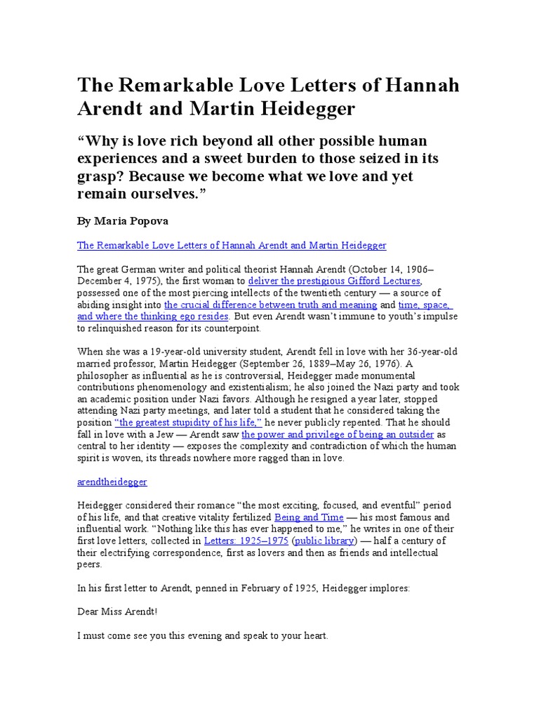 The Remarkable Love Letters of Hannah Arendt and Martin Heidegger | PDF ...