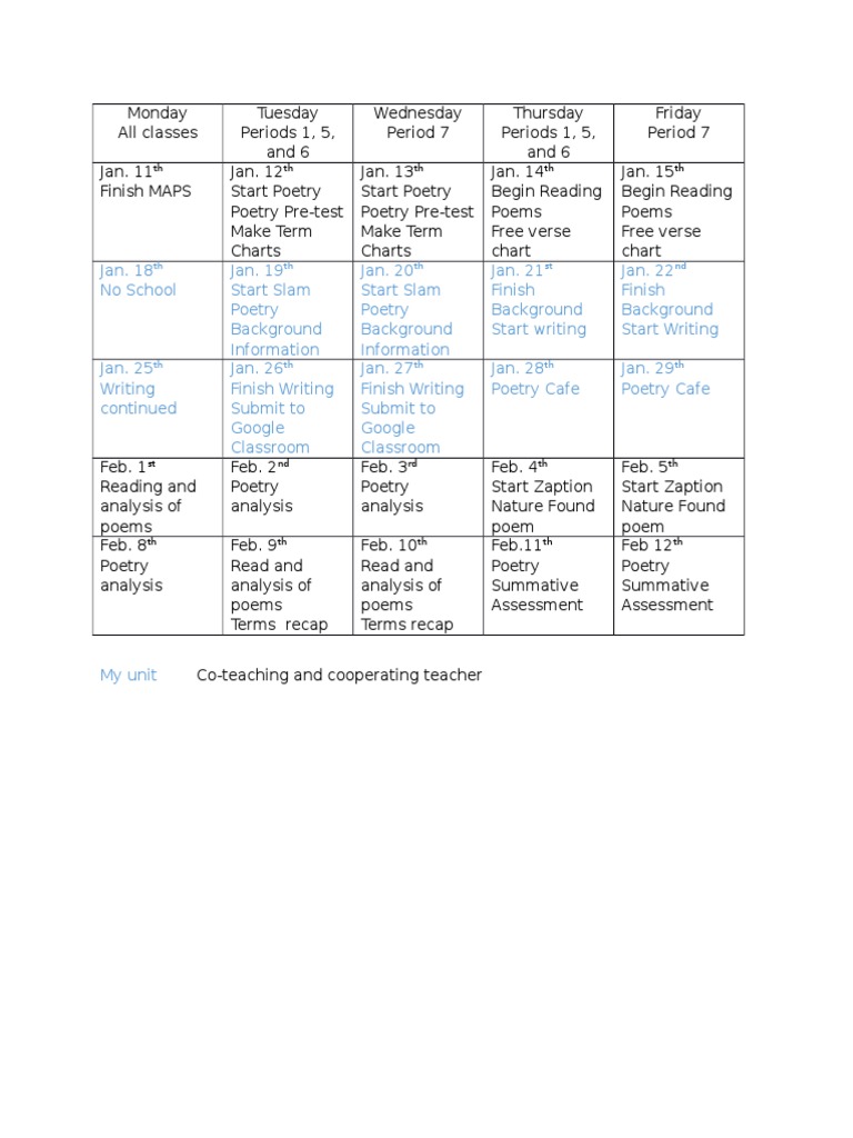January-February Poetry Curriculum Schedule | PDF