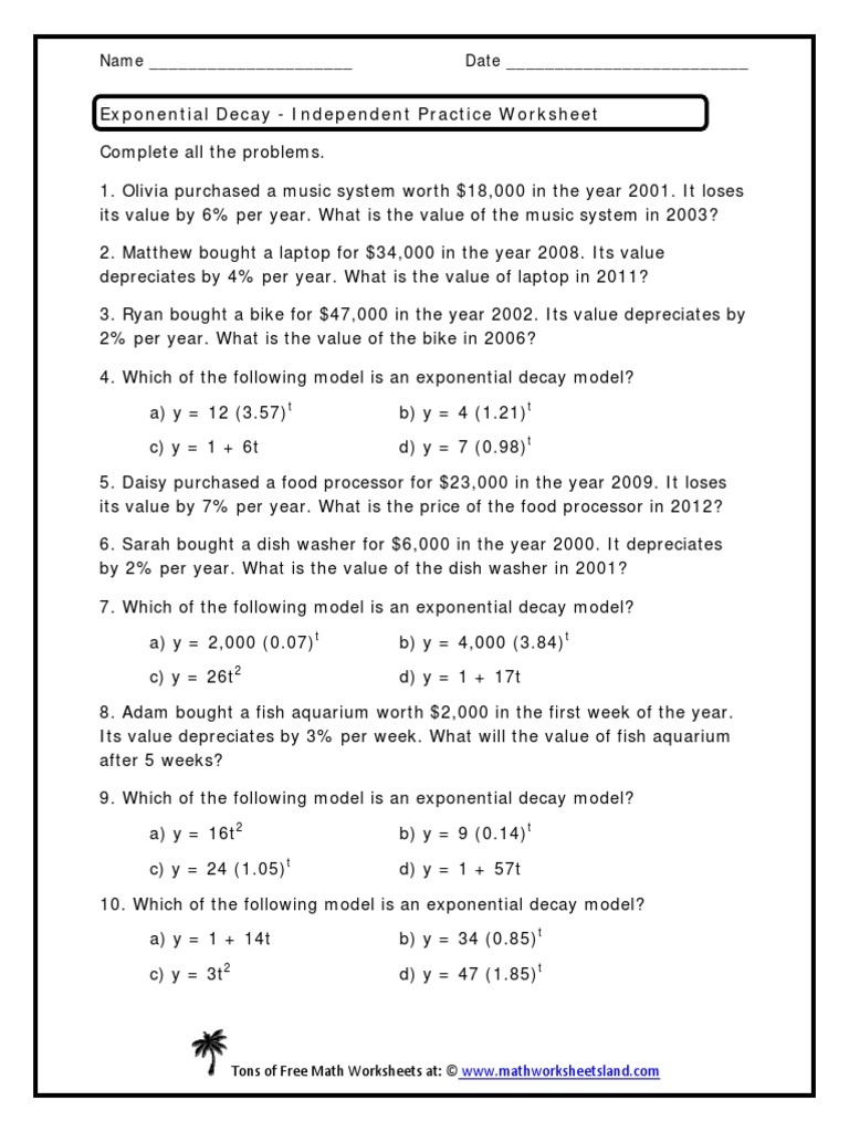 Exponential Decay Word Problems Worksheet Half Life Word Problems
