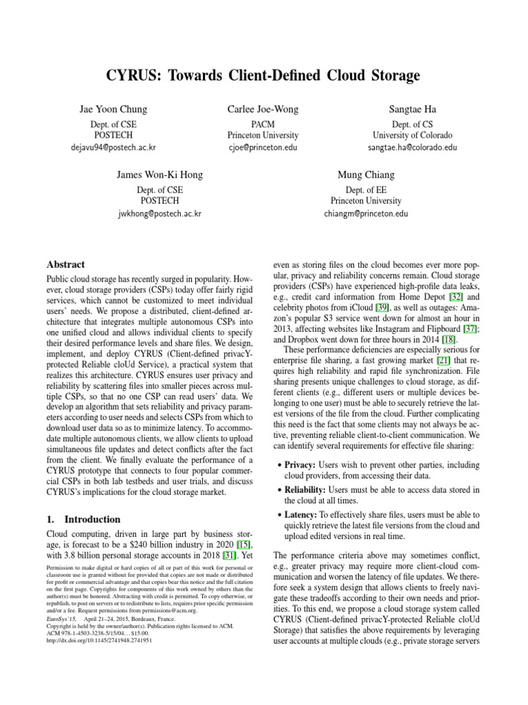 CYRUS: Towards Client-Defined Cloud Storage: Jae Yoon Chung Carlee Joe ...