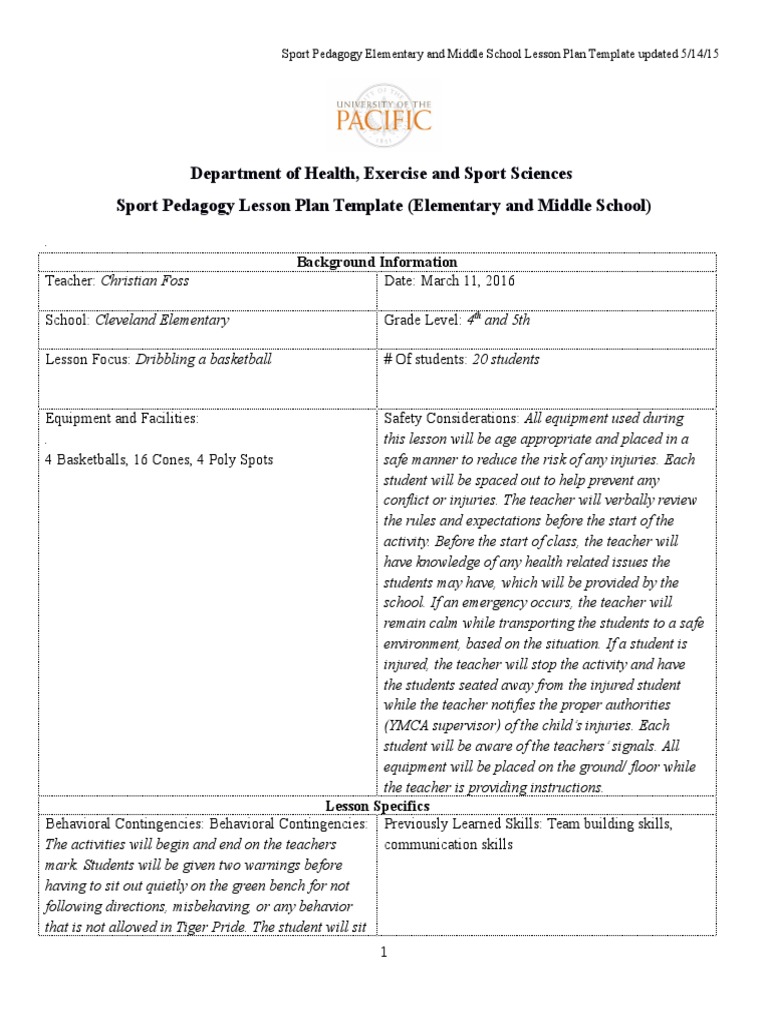 Department of Health, Exercise and Sport Sciences Sport Pedagogy Lesson ...