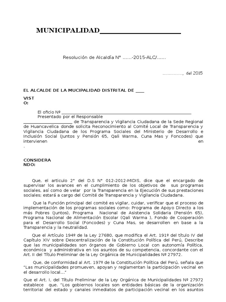 Modelo de Resolución | PDF | Alcalde | Gobierno local