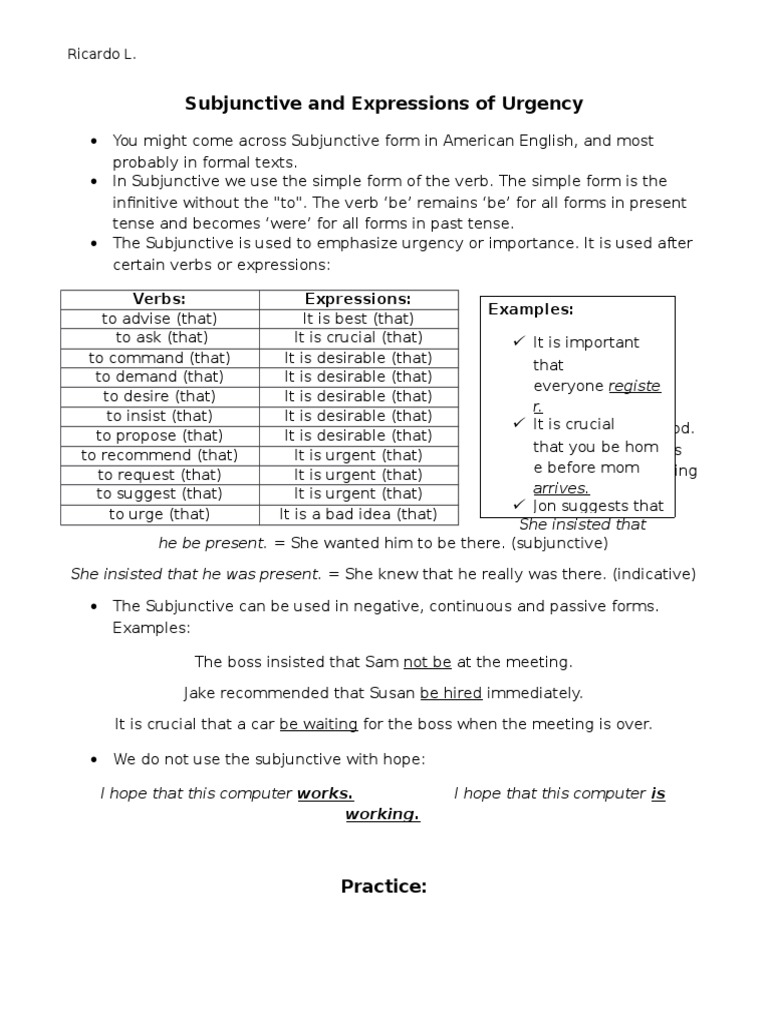 Subjunctive and Expressions of Urgency | PDF | Grammatical Tense | Rules