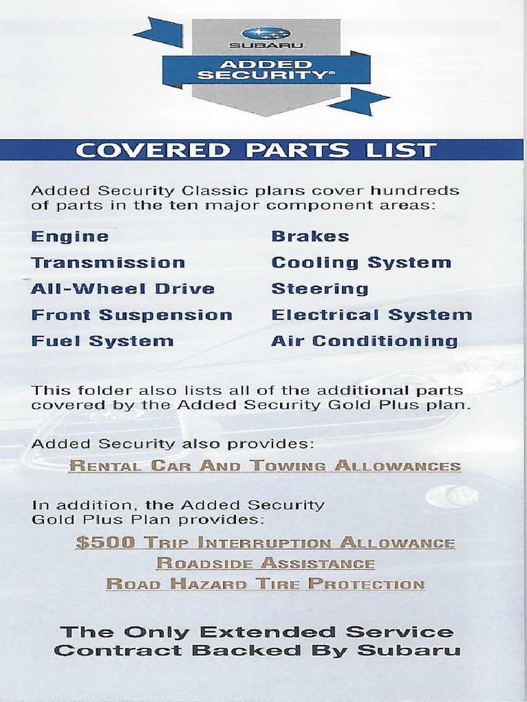 Subaru Added Security Brochure | PDF | Steering | Turbocharger