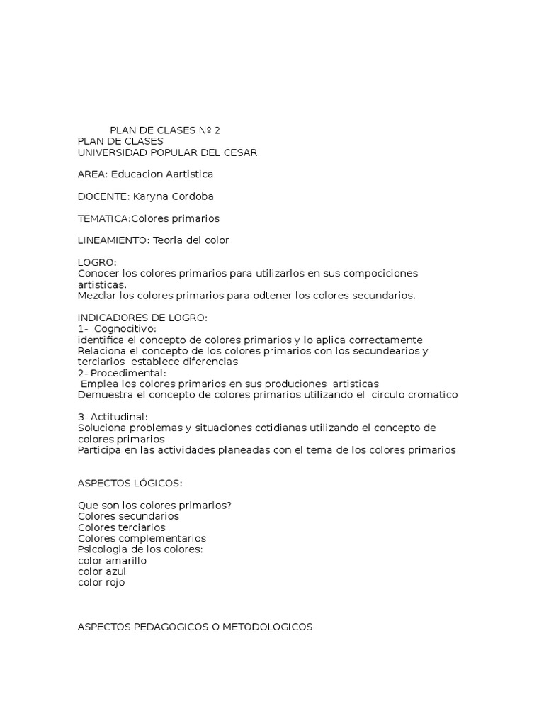 Plan de Clase: Colores Primarios en Preescolar | PDF | Color | Diseño ...