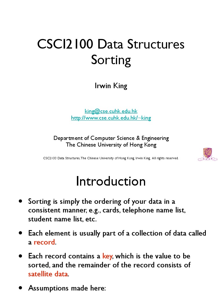 CSCI2100 07 Sorting | PDF | Mathematical Concepts | Theoretical Computer Science