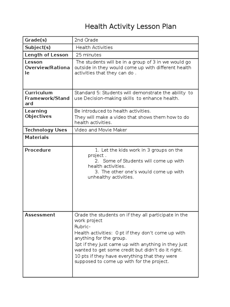 Health Activity Lesson Plan: Grade(s) Subject(s) Length of Lesson ...