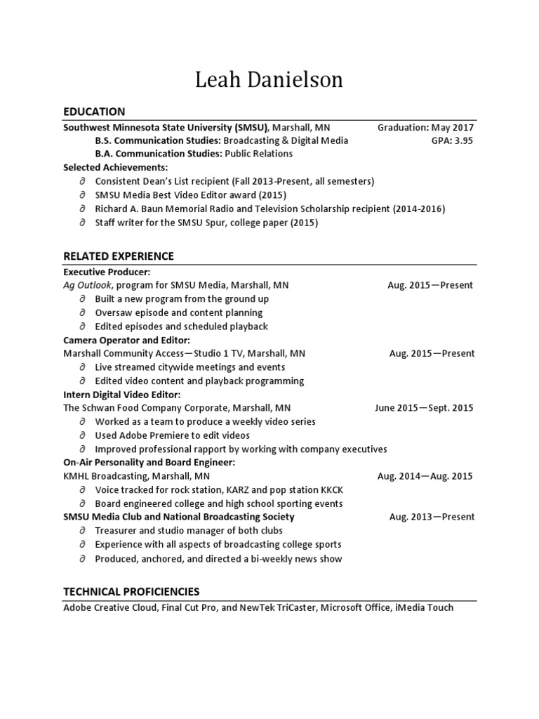 Leah Danielson: Media & Broadcasting Resume | PDF
