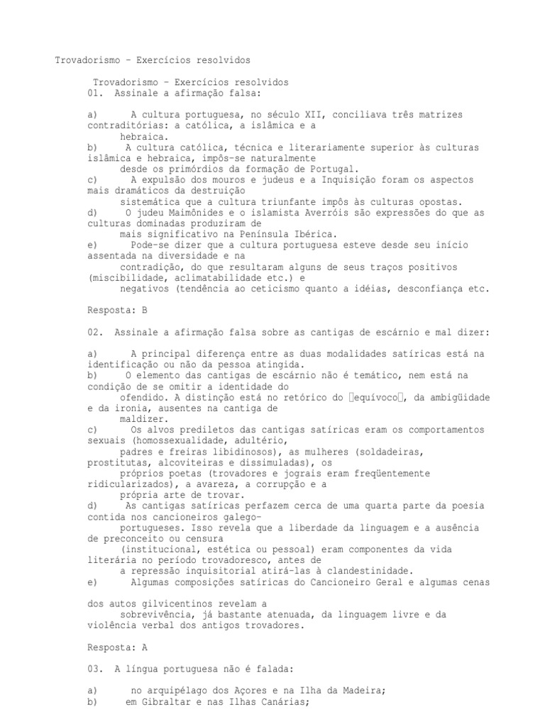 Trovadorismo +Exercícios+Resolvidos | PDF