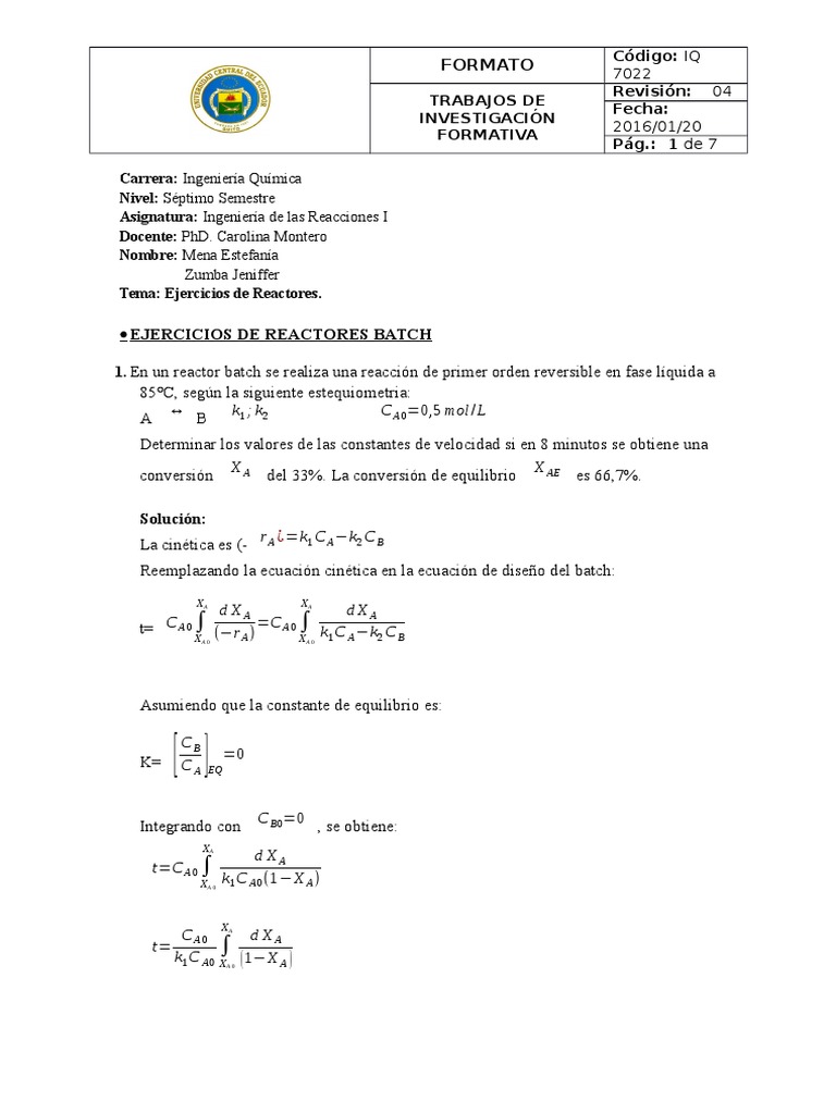 Análisis cinético de reacciones químicas en reactores batch y continuo | PDF | Cinética química ...