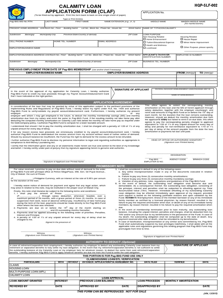 SLF002 Calamity Loan Application Form | Loans | Amortization (Business)