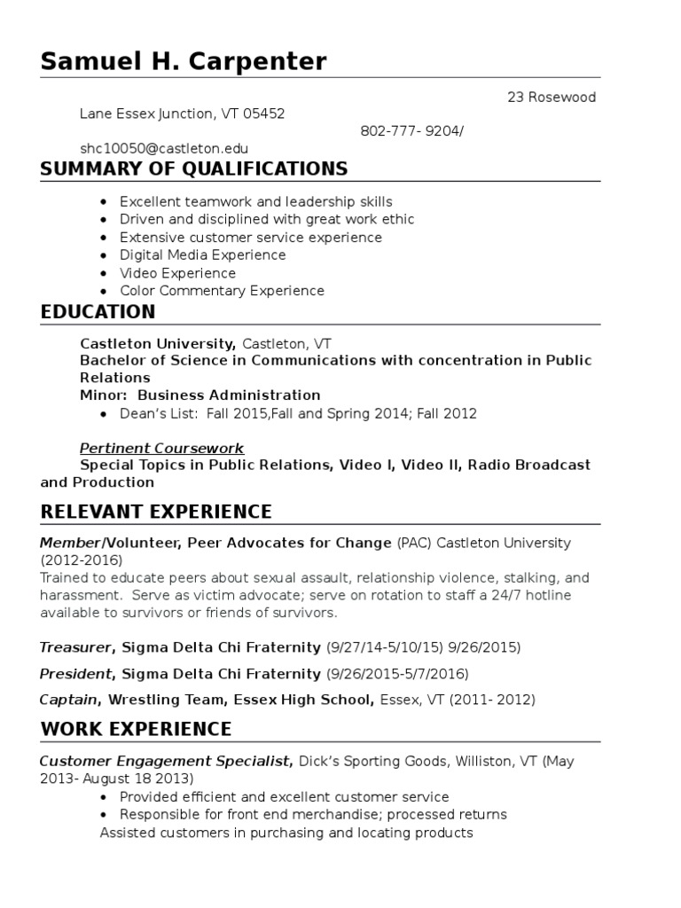Samuel Carpenter's Communication Resume | PDF | Wellness