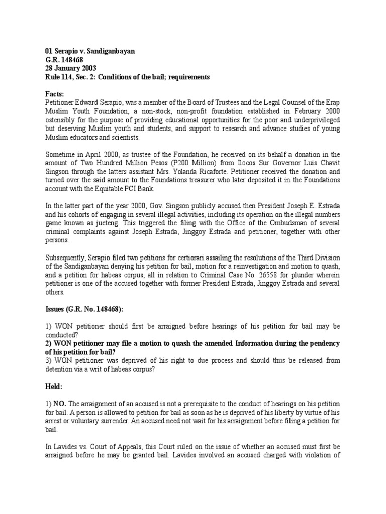 01 Serapio v. Sandiganbayan | PDF | Bail | Arraignment