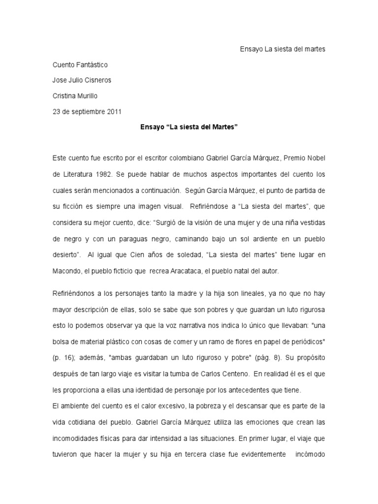 Ensayo Siesta Del Martes | PDF | Gabriel García Márquez | Cuentos