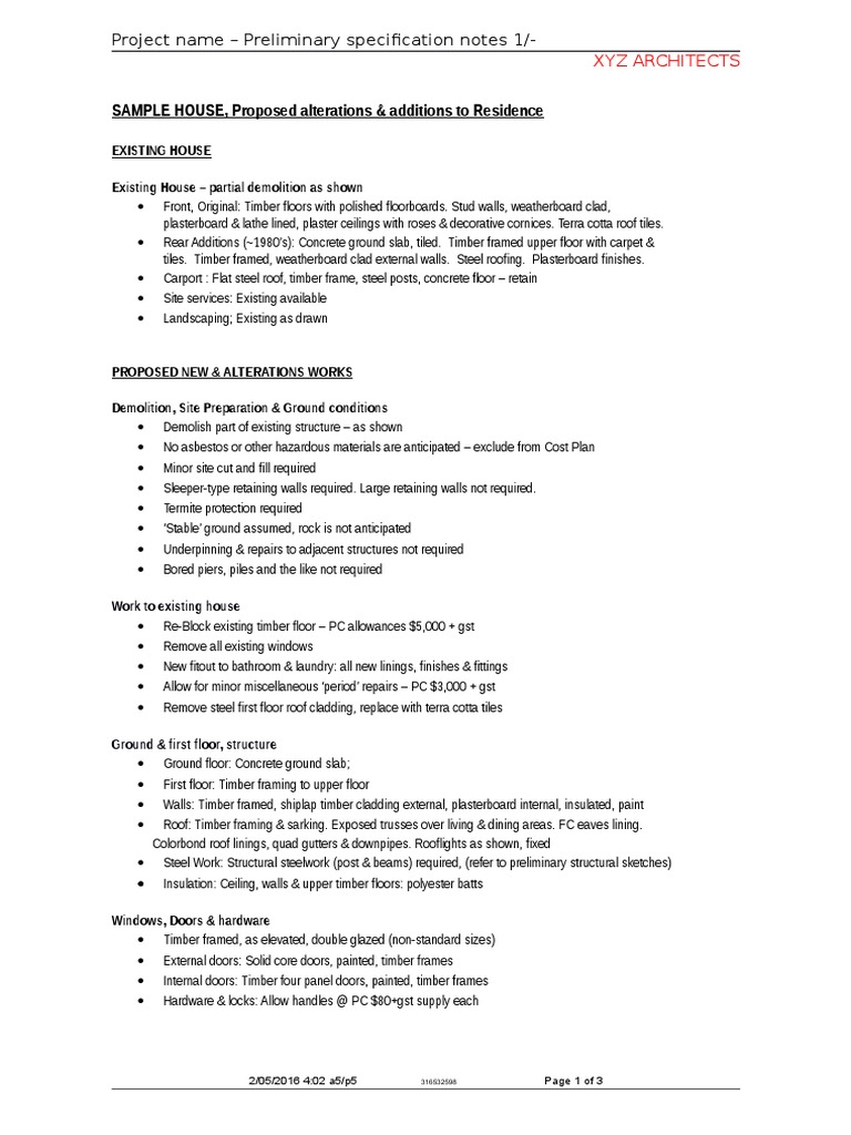 Alt and Add Residential Sketch Spec Notes Sample Template | PDF ...