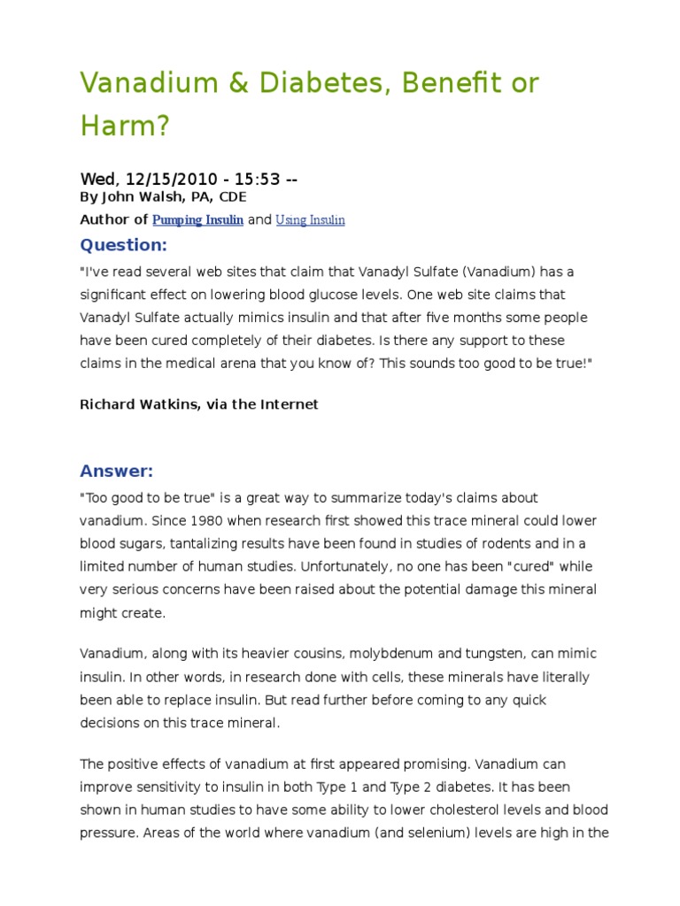 Vanadium & Diabetes, Benefit or Harm?: by John Walsh, PA, CDE Author of ...