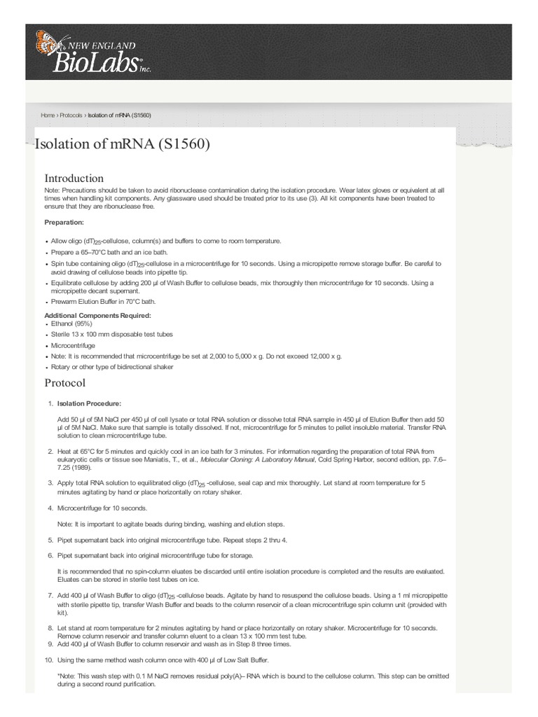 Isolation of mRNA (S1560) : Preparation | PDF | Elution | Laboratories