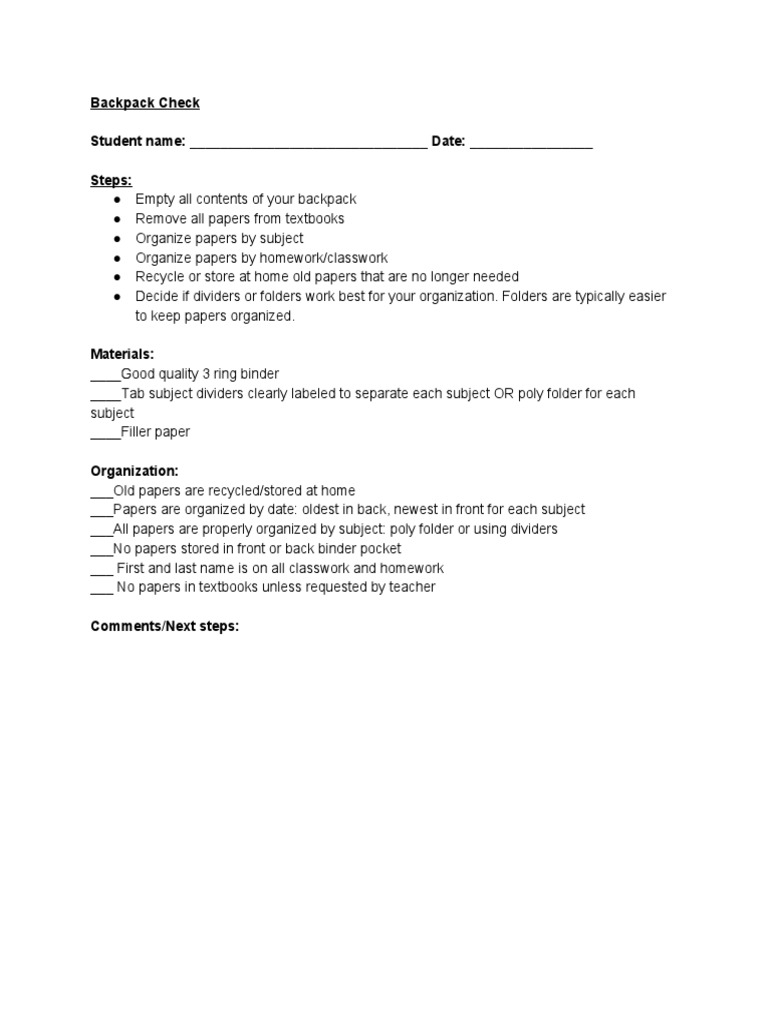 Backpack Organization Checklist | PDF