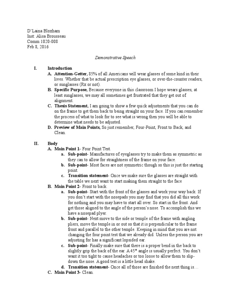 Comm1020 Demonstration Speech Outline | PDF | Glasses | Equipment